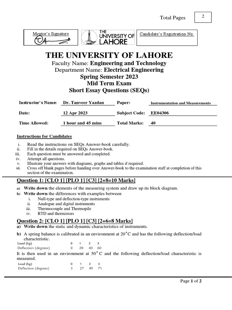 Mid Term Exam: Instrumentation SEQs | PDF | Thermocouple | Pressure ...