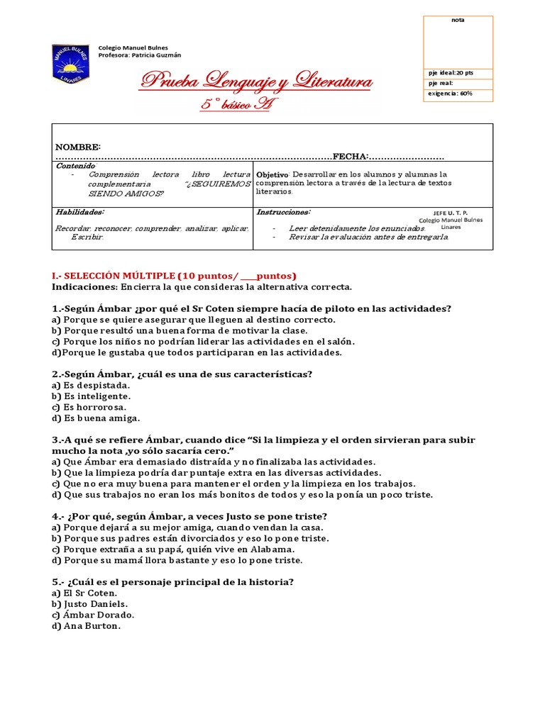 Evaluación de Comprensión Lectora: "¿Seguiremos Siendo Amigos?" | PDF ...