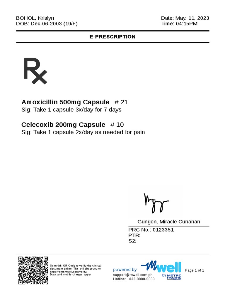Prescription for Amoxicillin and Celecoxib to Treat Infection and Pain ...