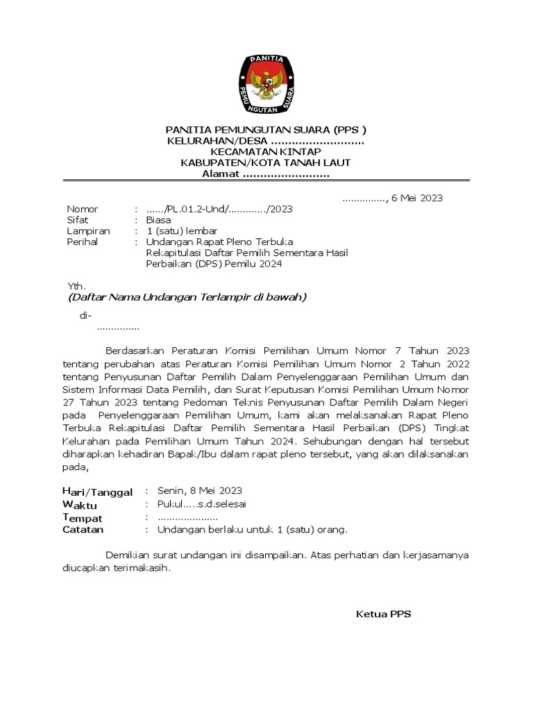 Undangan Rapat Pleno DPS Pemilu 2024 | PDF