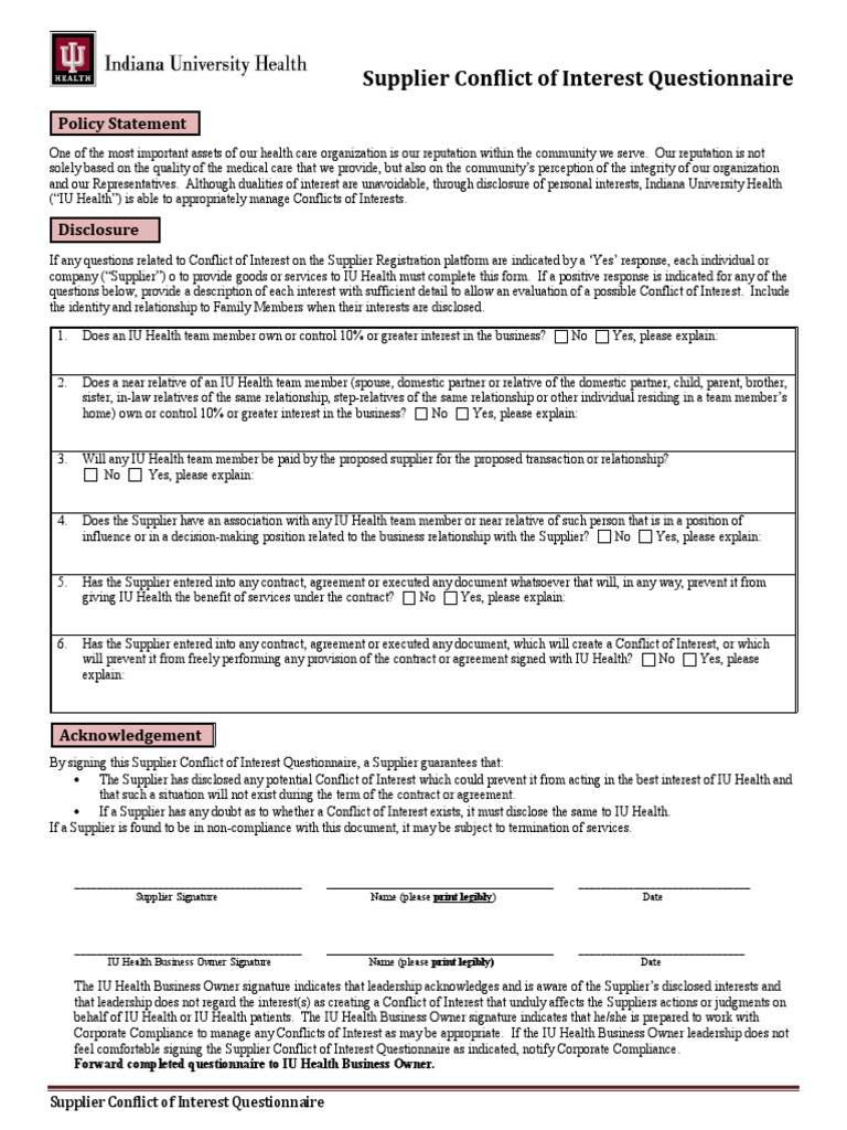 Supplier COI Questionnaire | PDF | Conflict Of Interest | Business