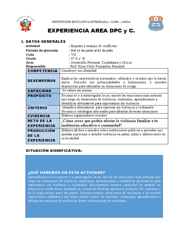 EXPERIENCIA - DPC Yc 2°A Y B | PDF | Las emociones | Ira