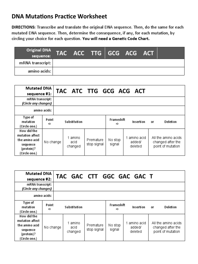 DNA Mutations Practice Worksheet | PDF | Point Mutation | Mutation