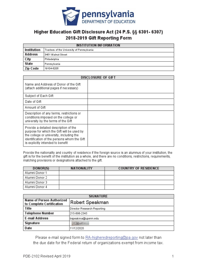 UPENN - FY2020-Higher Educaiton Gift Disclosure Submission | PDF