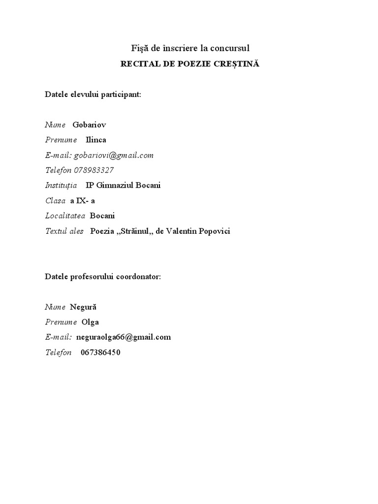 Fişă de Înscriere La Concursul | PDF