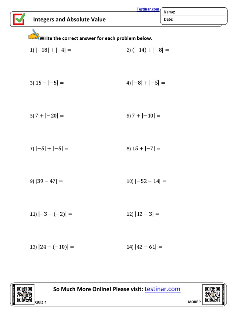Integers and Absolute Value Worksheet12 | PDF