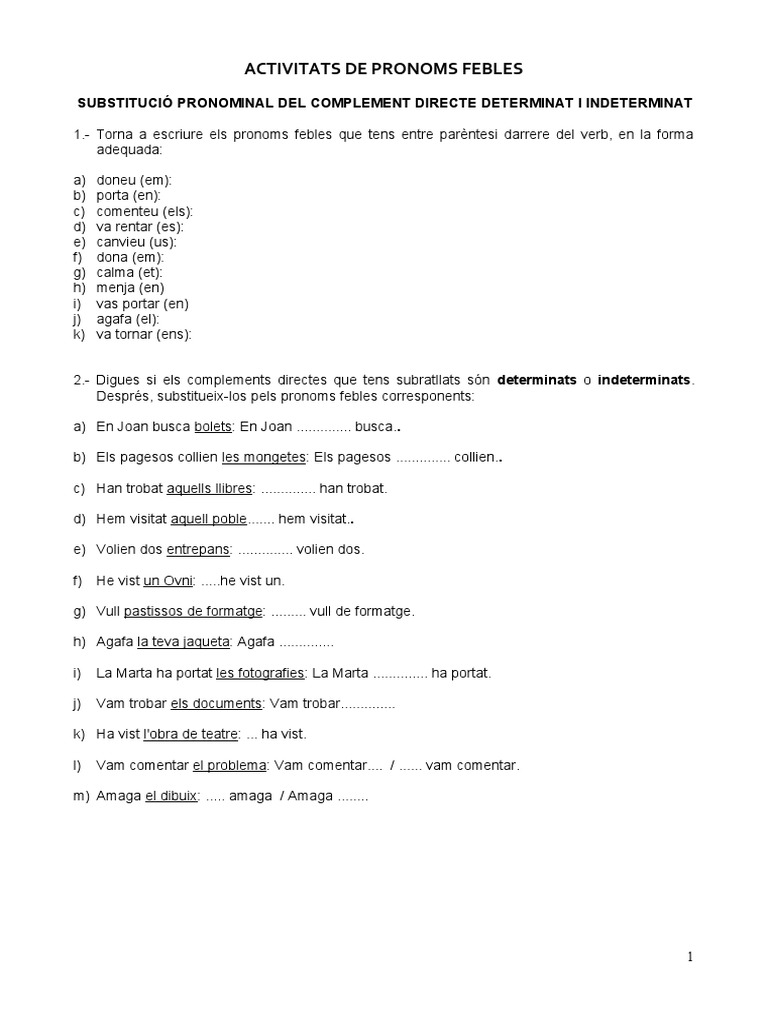 Exercicis Pronominalització Simple | PDF