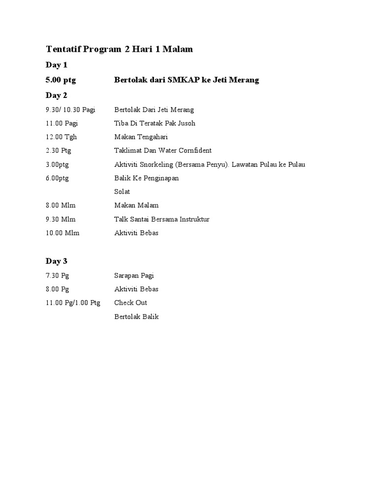 Tentatif Program 2 Hari 1 Malam | PDF