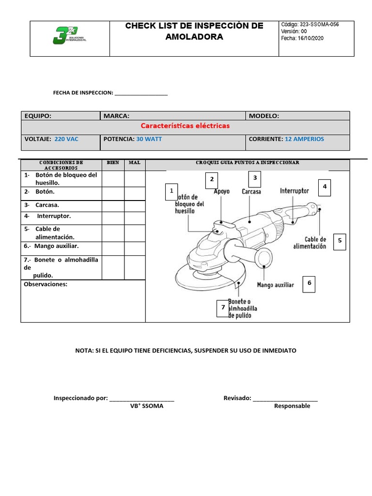 323 - SSOMA-056 Check List de Inspección de Amoladora | PDF 323 - SSOMA-056 Check List de Inspección de Amoladora | PDF