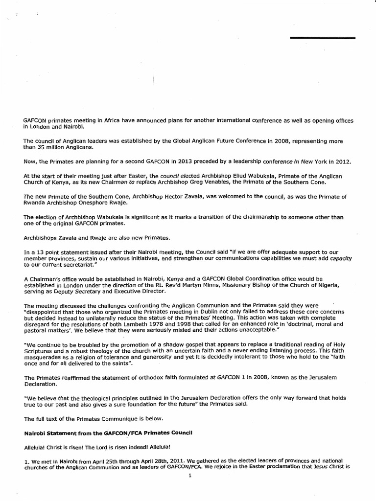 Anglican Primates - GAFCON Communique | PDF