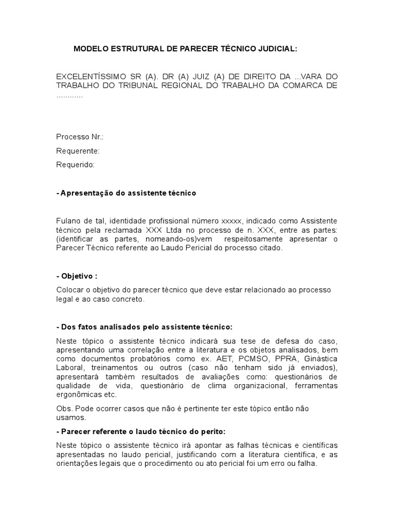 Modelo Estrutural de Parecer Técnico Judicial | PDF