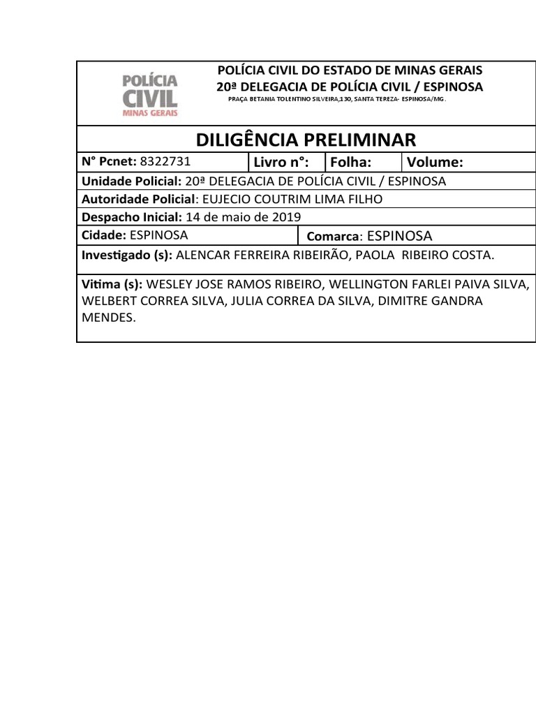 MODELO DA CAPA 01 DILIGÊNCIA PRELIMINAR | PDF