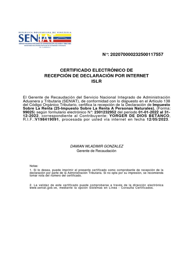 Certificado Seniat | PDF