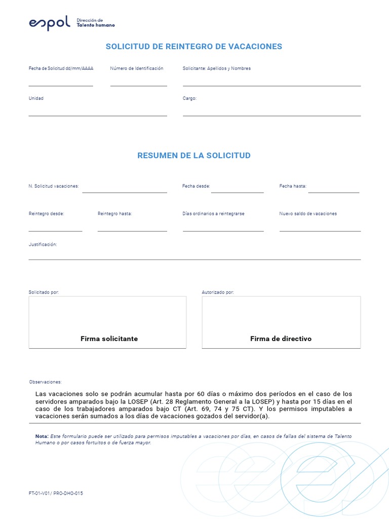 Formulario de Solicitud de Reintegro Vacaciones 2023 05 12 | PDF