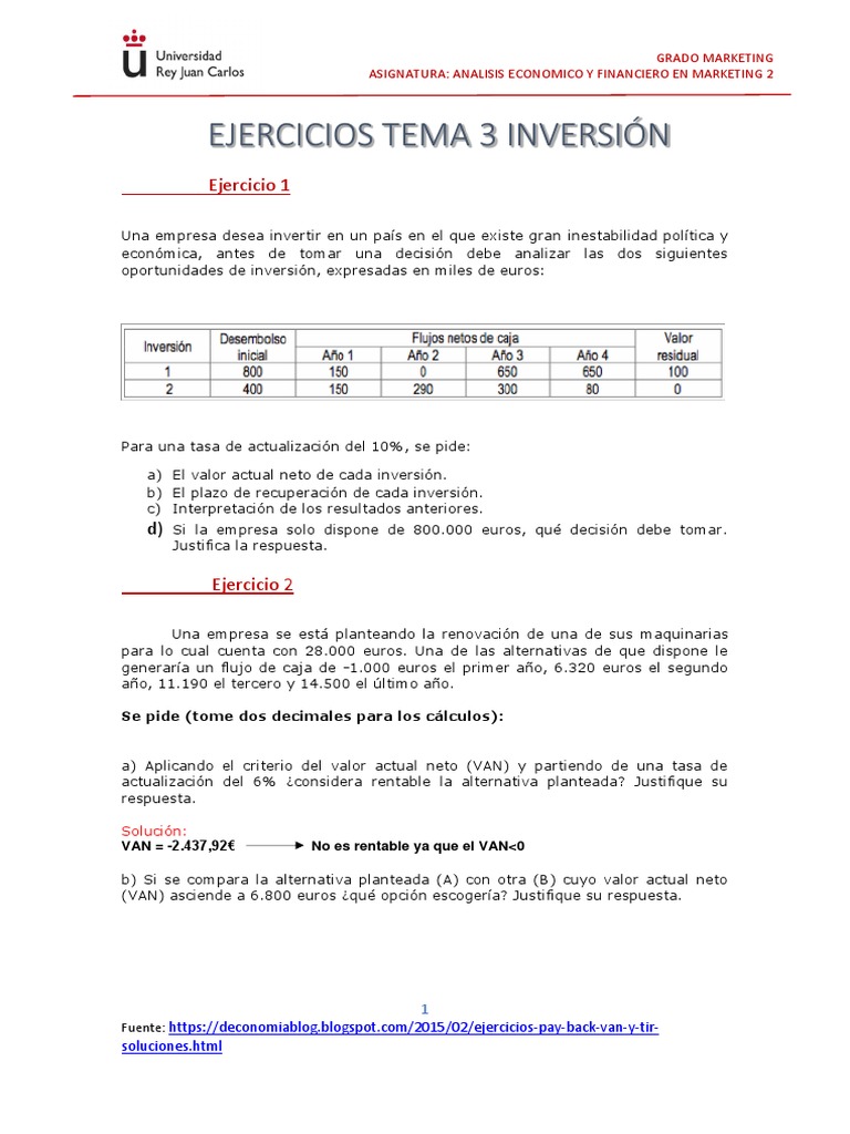 Ejercicios Tema 3 Van, Tir y Payback | PDF | Tasa interna de retorno | Dinero