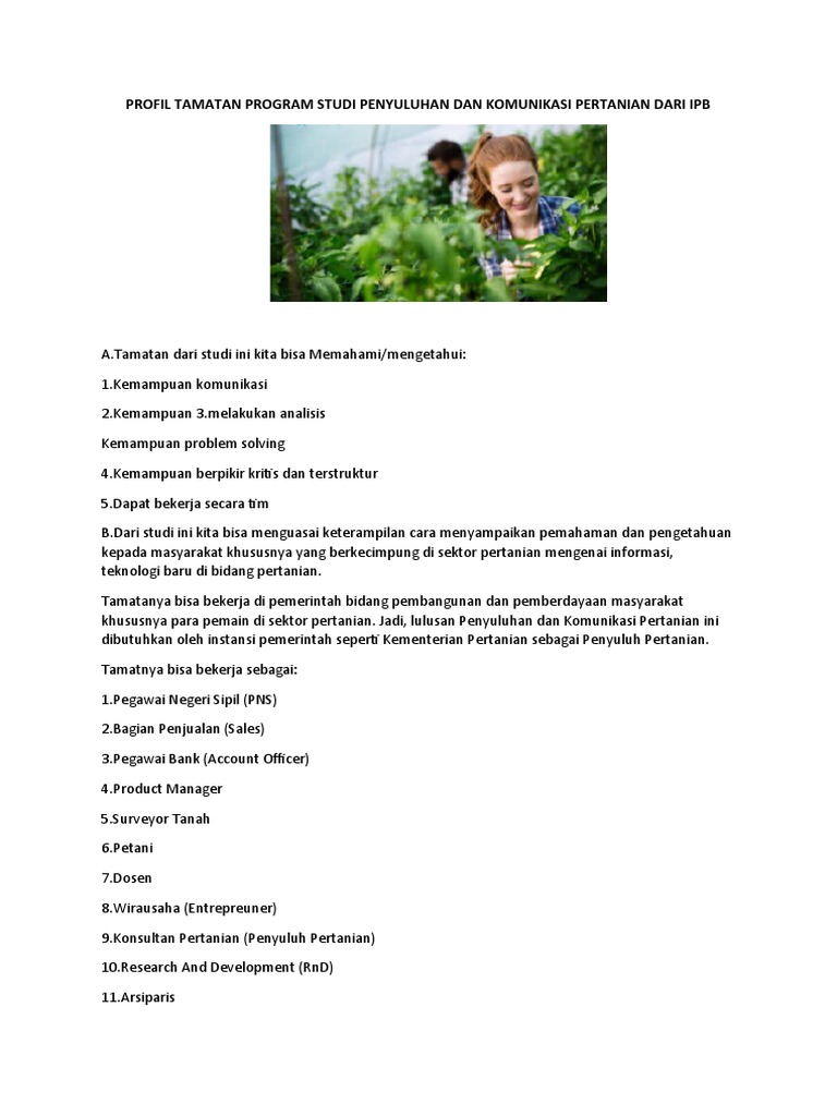 Profil Tamatan Program Studi Penyuluhan Dan Komunikasi Pertanian Dari Ipb | PDF