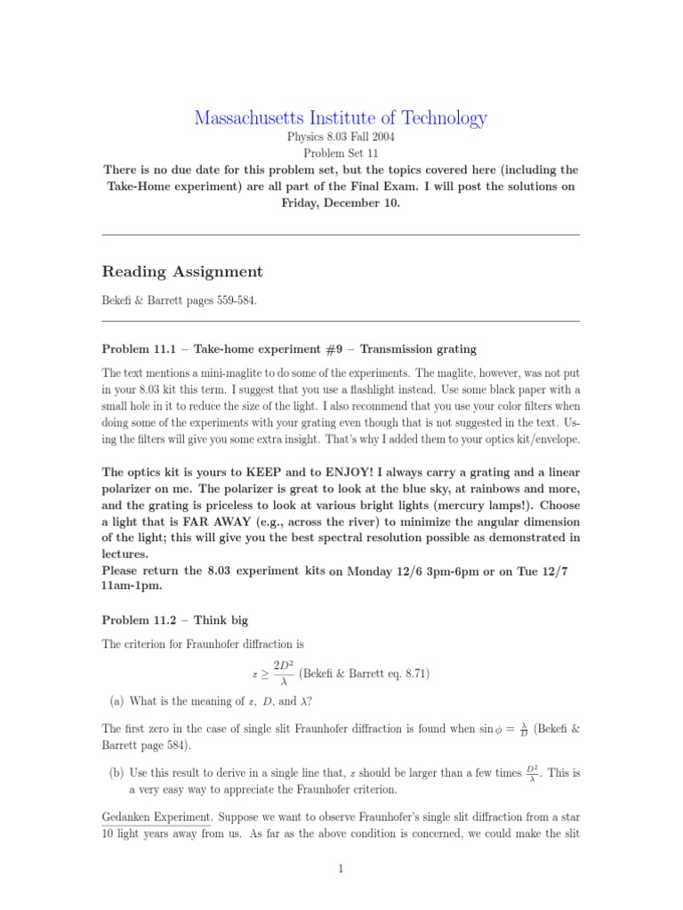 MIT803 Assignment 11 | PDF | Diffraction | Wavelength