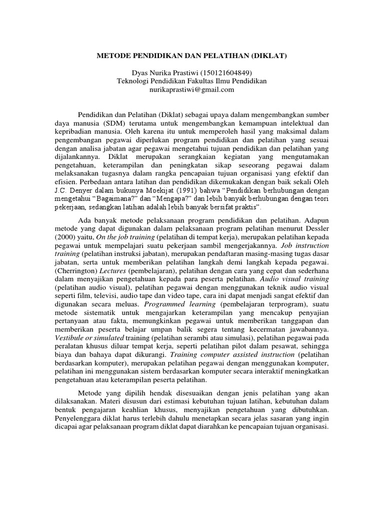 Metode Pendidikan Dan Pelatihan Diklat | PDF