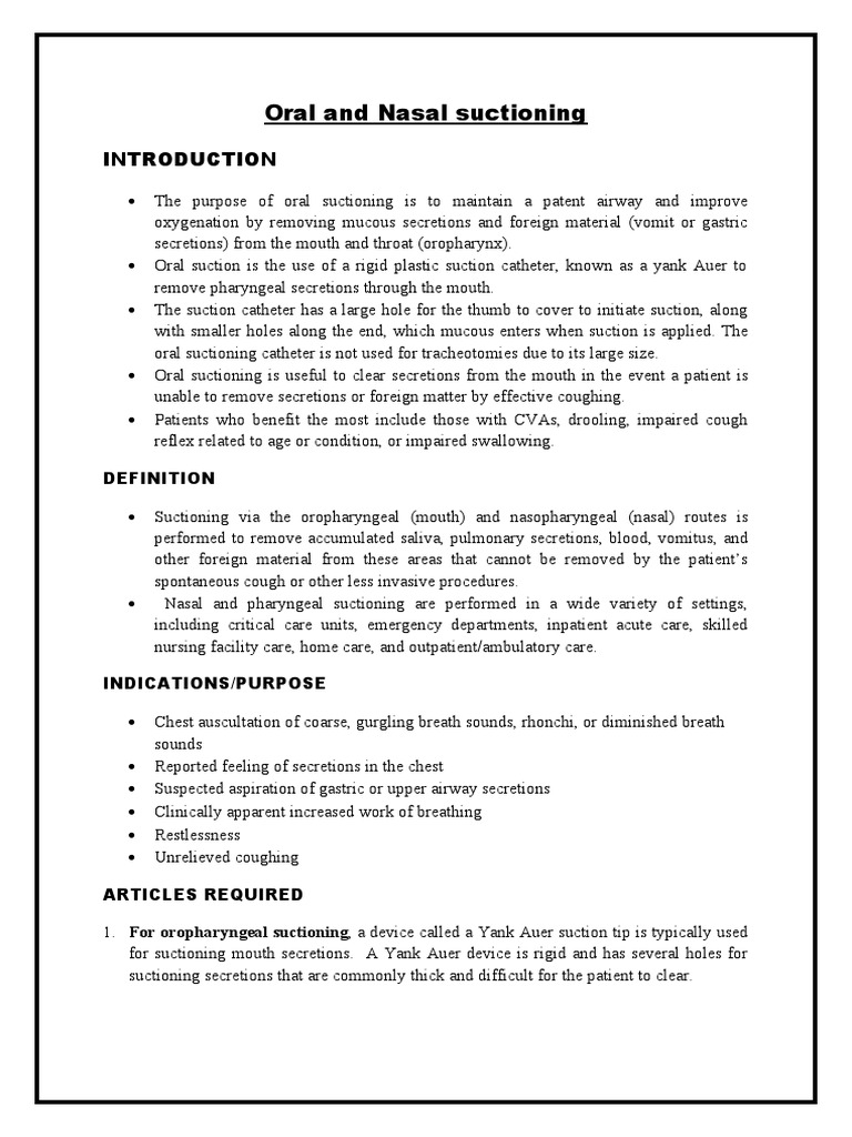 Oropharyngeal and Nasal Suctioning Guide | PDF | Cough | Medicine