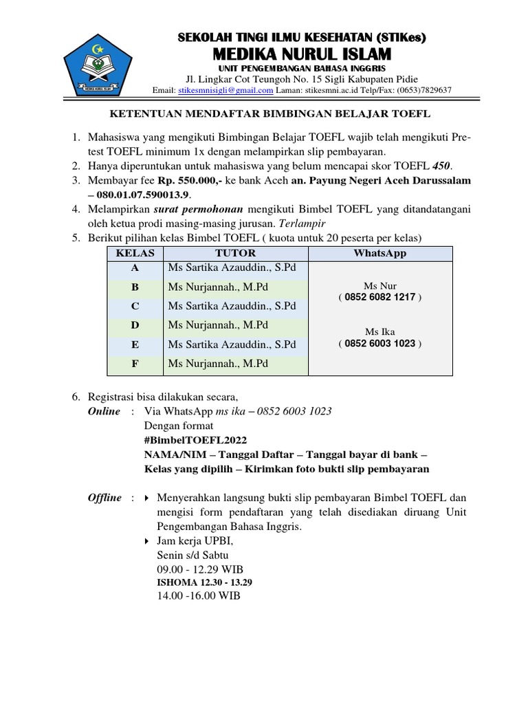 POSTINGAN SYARAT PENDAFTARAN BIMBEL TOEFL Starts Juni 2022 | PDF