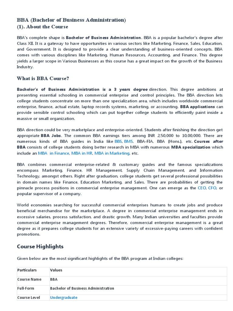 BBA (Bachelor of Business Administration) : (1) - About The Course ...