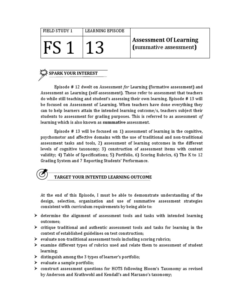 FS1 Episode 13: Summative Assessment Guide | PDF | Educational ...