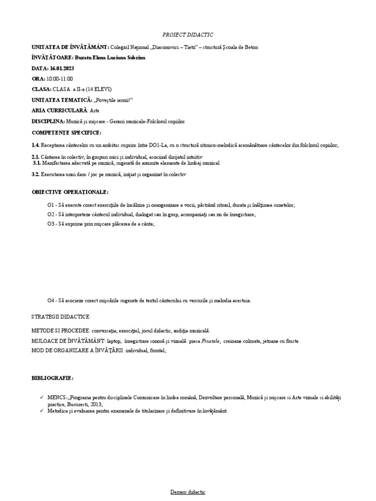 PROIECT DIDACTIC Genuri Muzicale-Folclorul Copiilor | PDF