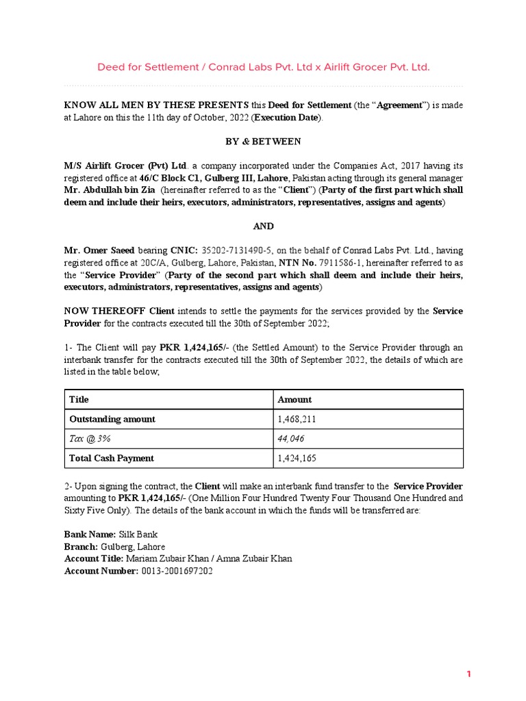 Deed For Settlement - Conrad Labs Pvt. Ltd. | PDF | Financial Services ...