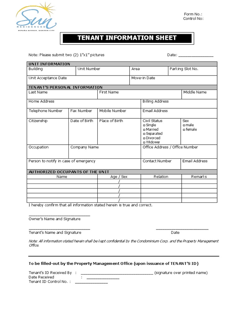 Tenant Information Sheet Template | PDF