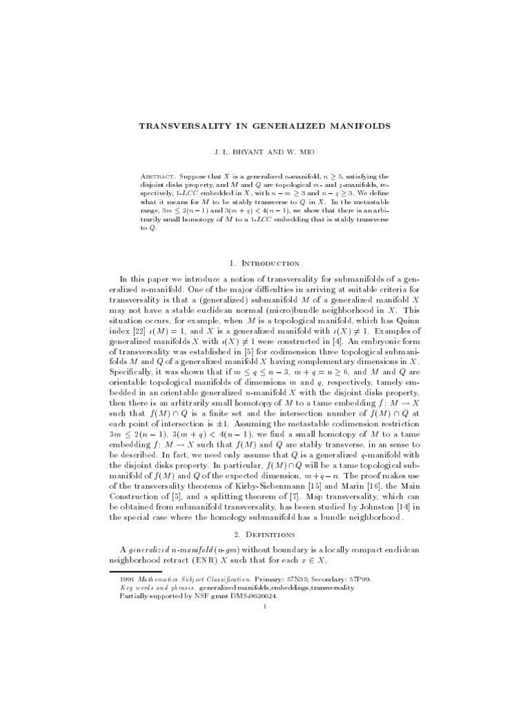 Transversality in Generalized Manifolds | PDF | Manifold | Topology