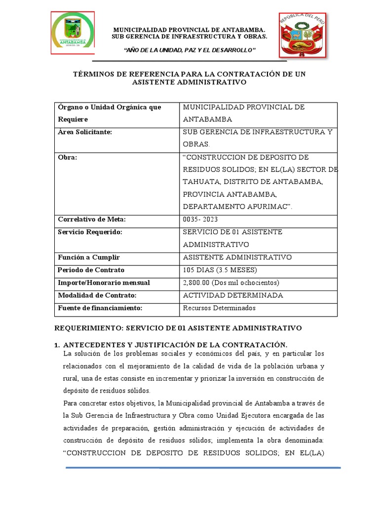TDR Asistente Administrativo | PDF | Infraestructura | Gobierno local