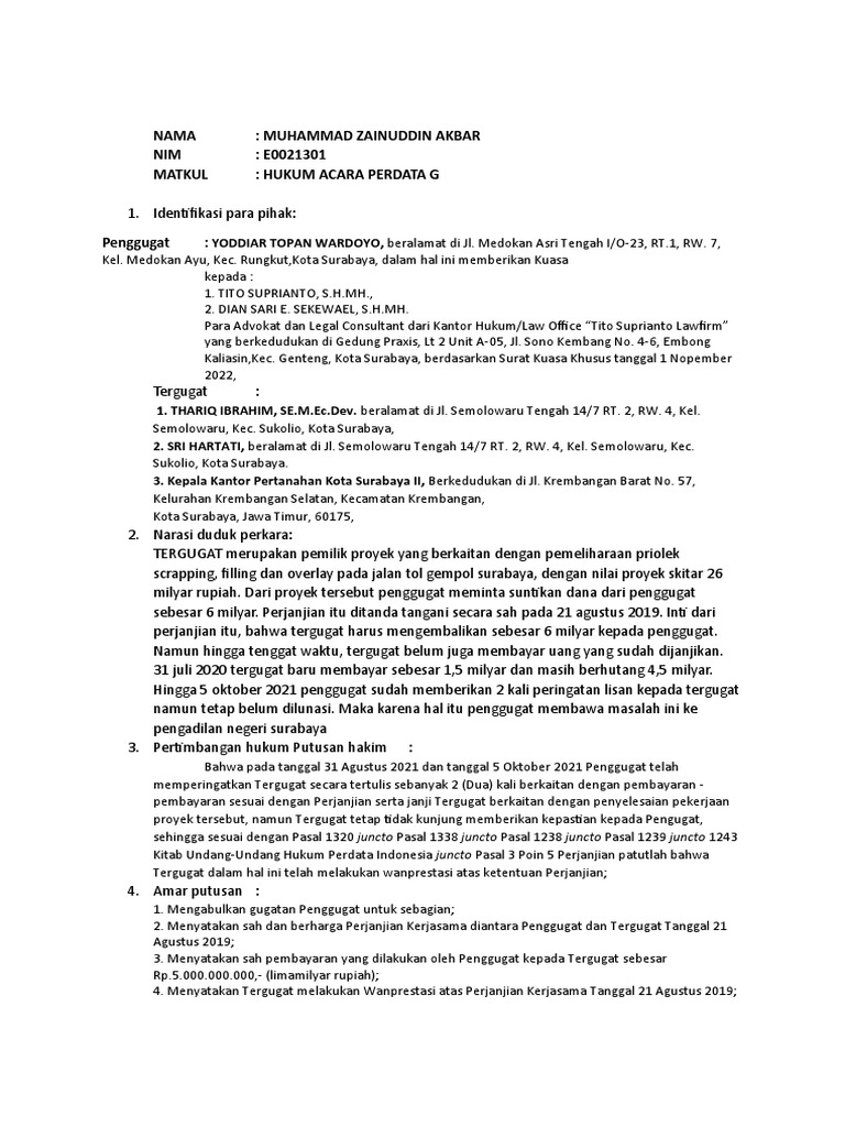 Muhammad Zainuddin Akbar - E0021301 - Analisis Putusan Perdata - Paper | PDF