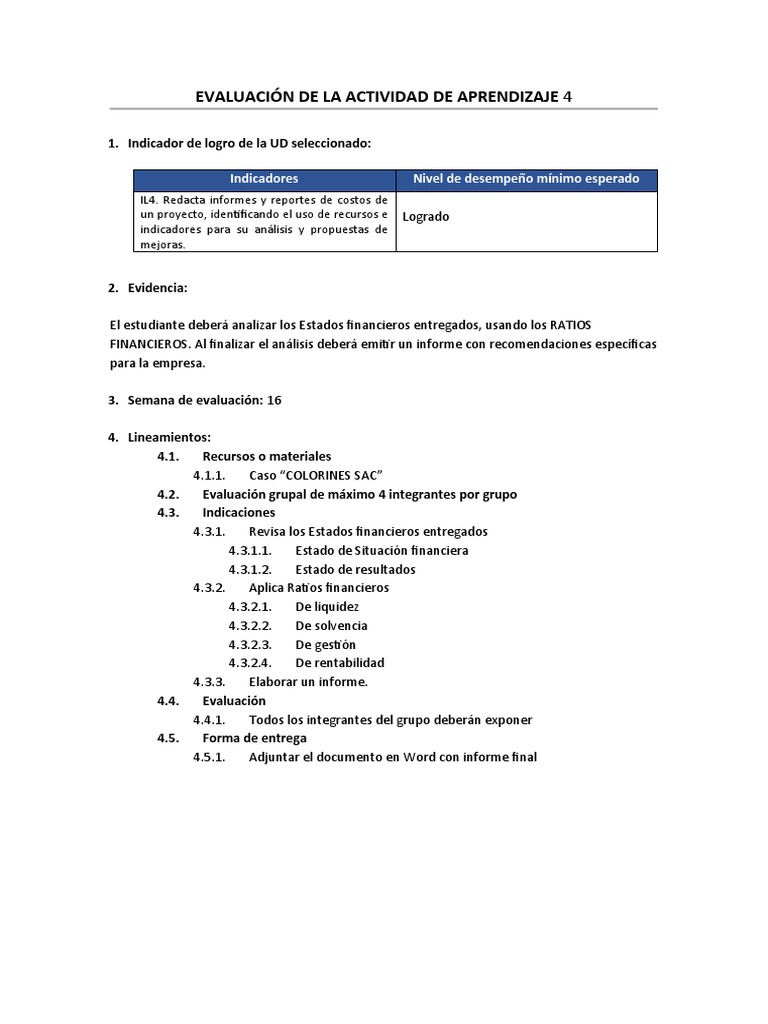 Lineamientos de Evaluacin de AA4 Def - Costos | PDF