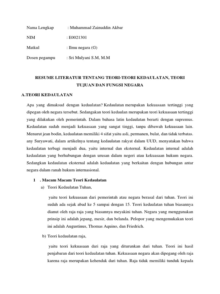 E0021301 - Muhammad Zainuddin Akbar - Resume Teori Kedaulatan, Tujuan, Dan Fungsi Negara | PDF