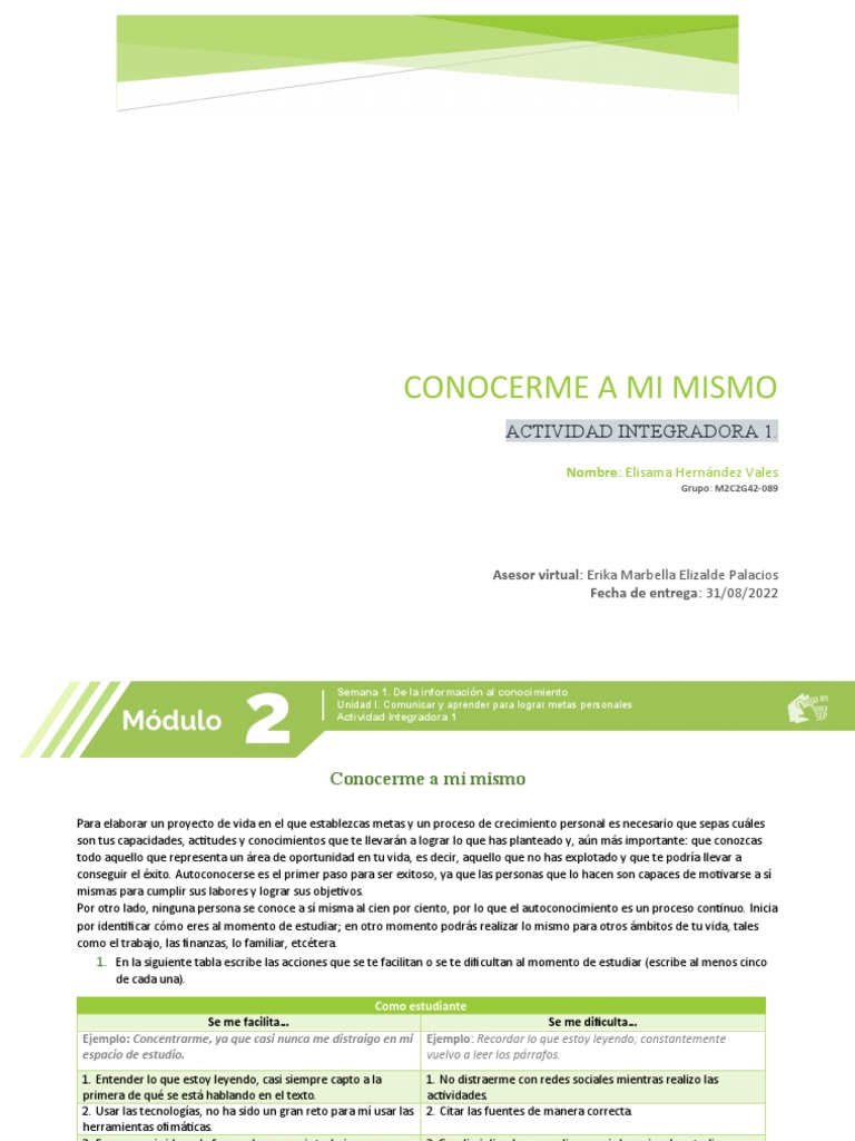 Actividad Integradora 1, Módulo 2. Conocerme A Mí Mismo | PDF | Información | Habilidades de estudio