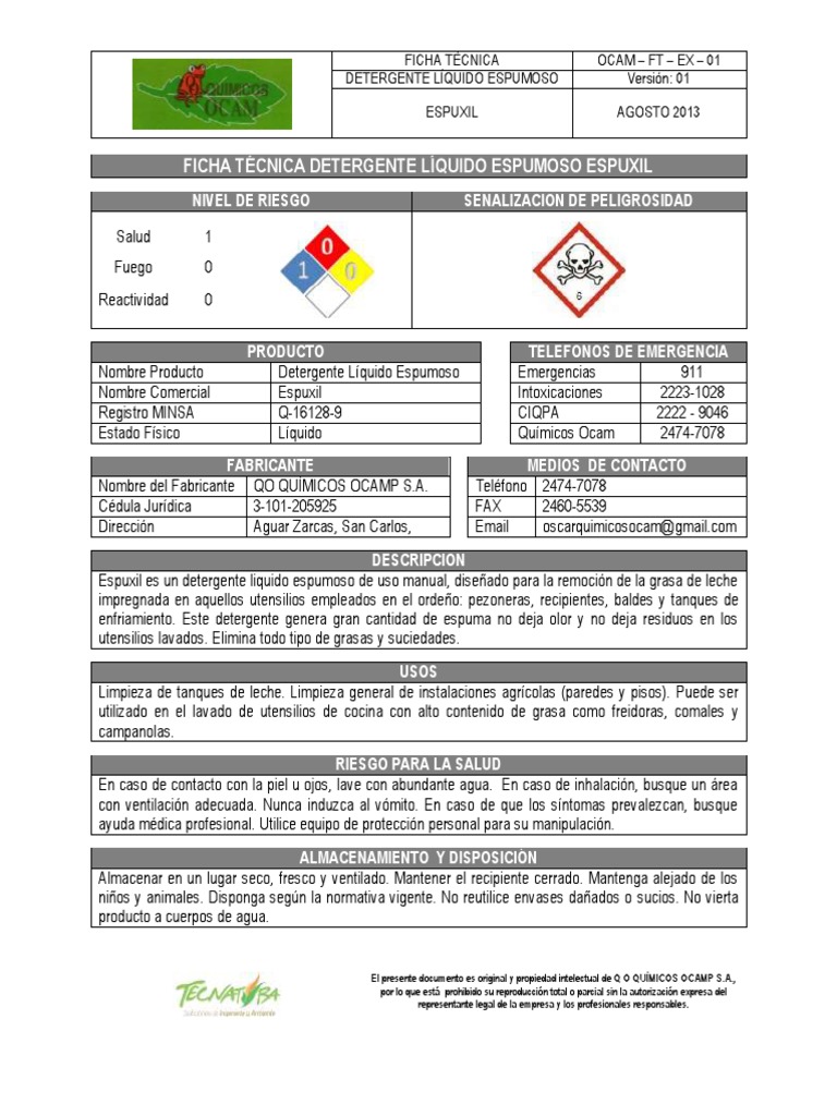 Ficha Tecnica Espuxil Detergente Liquido Espumoso | PDF | Detergente