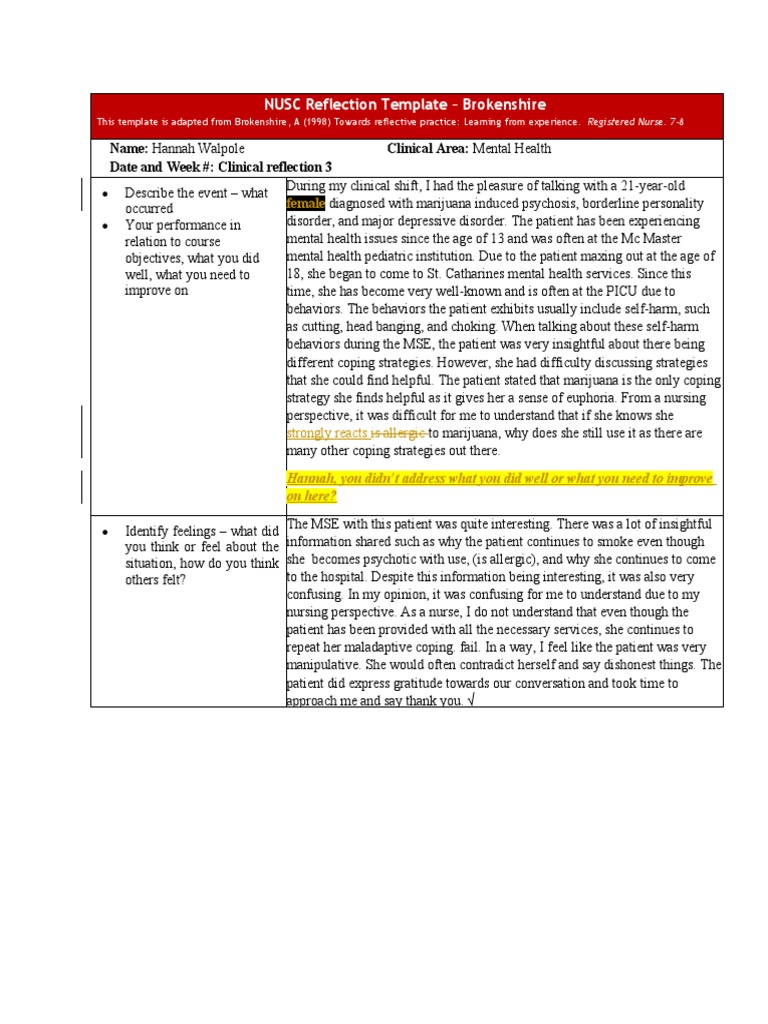 HANNAH - Third Mental Health Clinical Reflection. | PDF