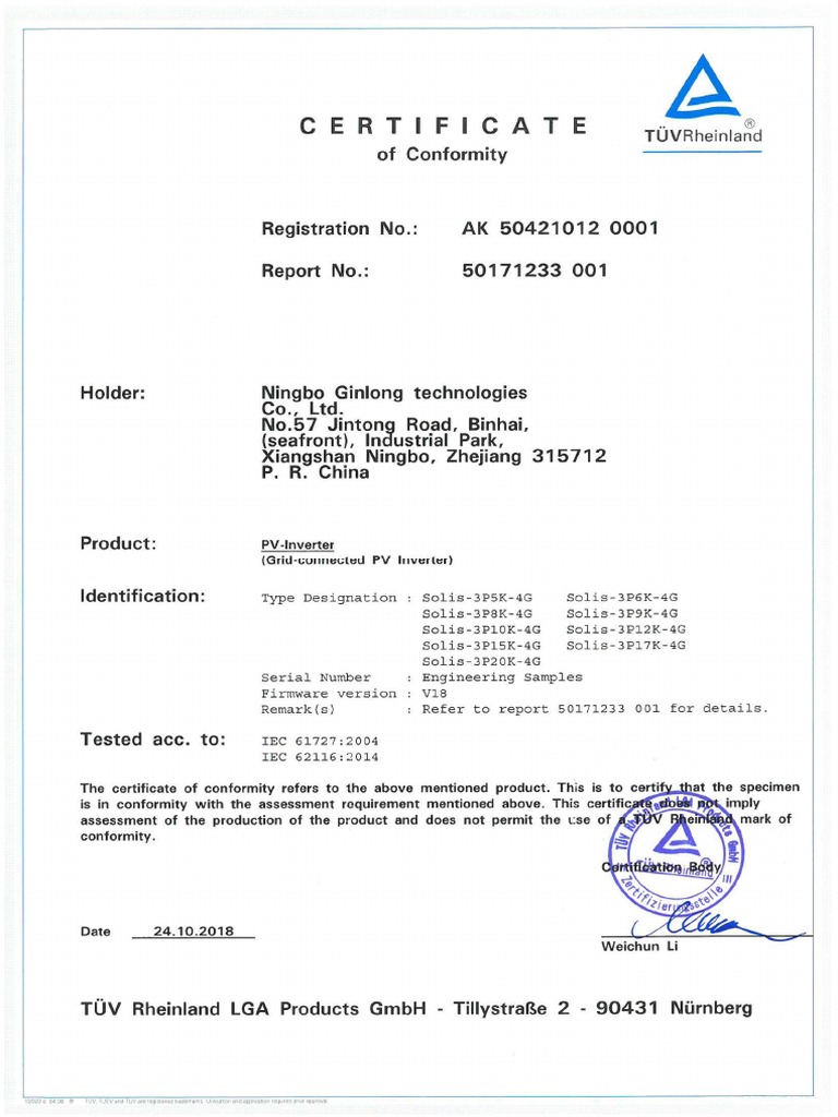 Solis - Certificate - IEC 61727 - IEC 62116 - 3P (5-20) K - IND - V01 | PDF