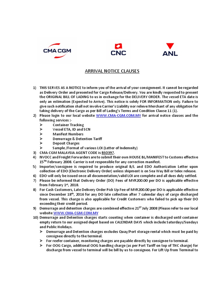 Arrival Notice Clauses 25072019 | PDF | Bill Of Lading | Freight Transport