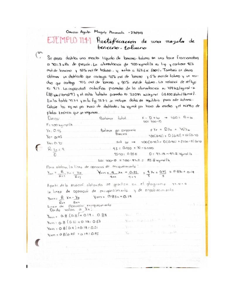 Ejemplo 11.4-1 Rectificación de Una Mezcla de Benceno y Tolueno | PDF Ejemplo 11.4-1 Rectificación de Una Mezcla de Benceno y Tolueno | PDF