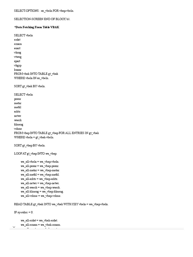 SAP ABAP Data Fetch from VBAK & VBAP | PDF