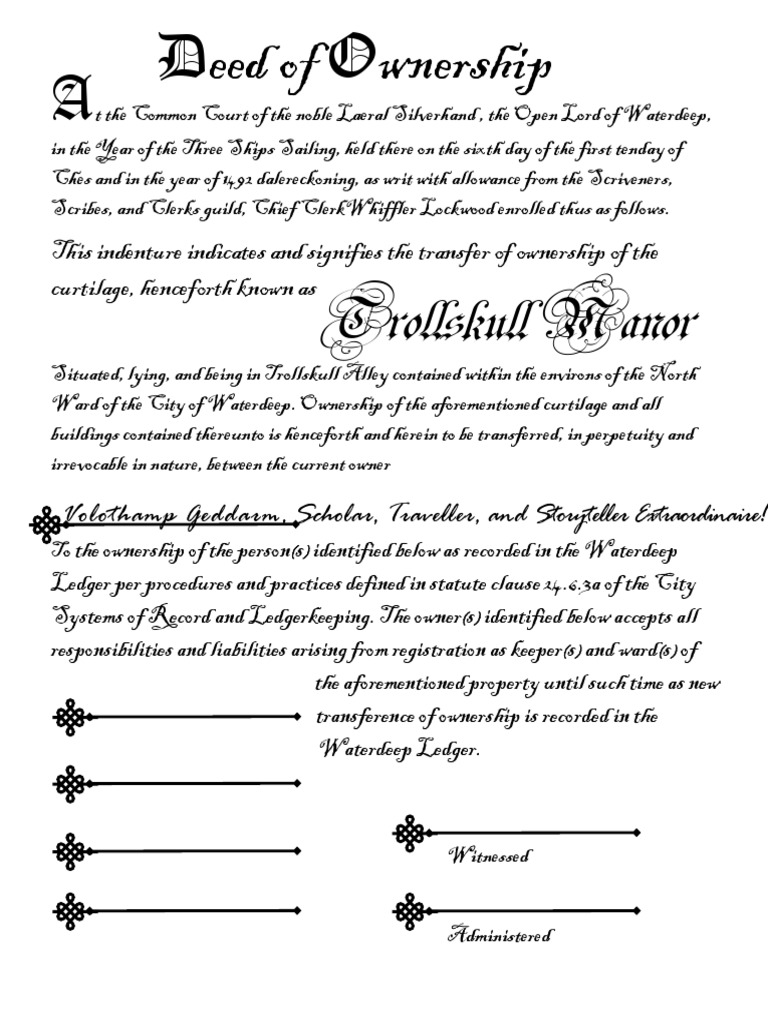 Trollskull Manor Ownership Deed | PDF