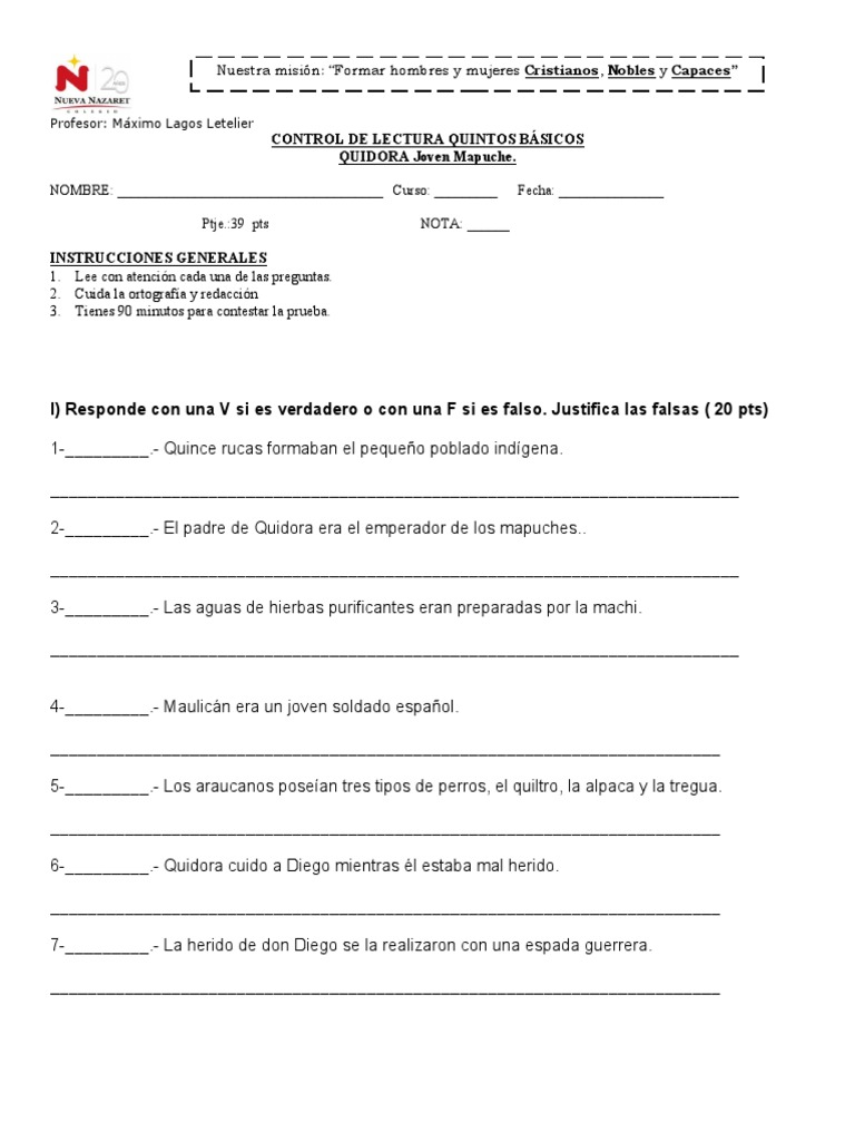 Prueba Quidora Joven Mapuche, Quintos Basicos | PDF