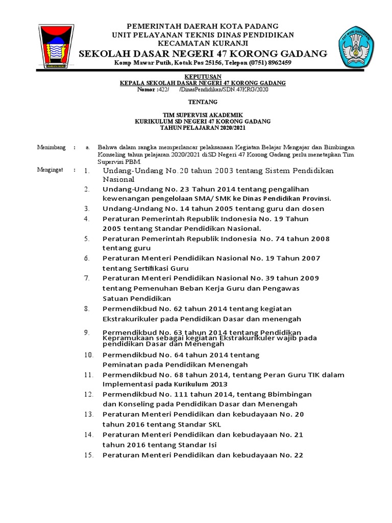 Tim Supervisi Akademik SDN 47 KRG 2020 | PDF