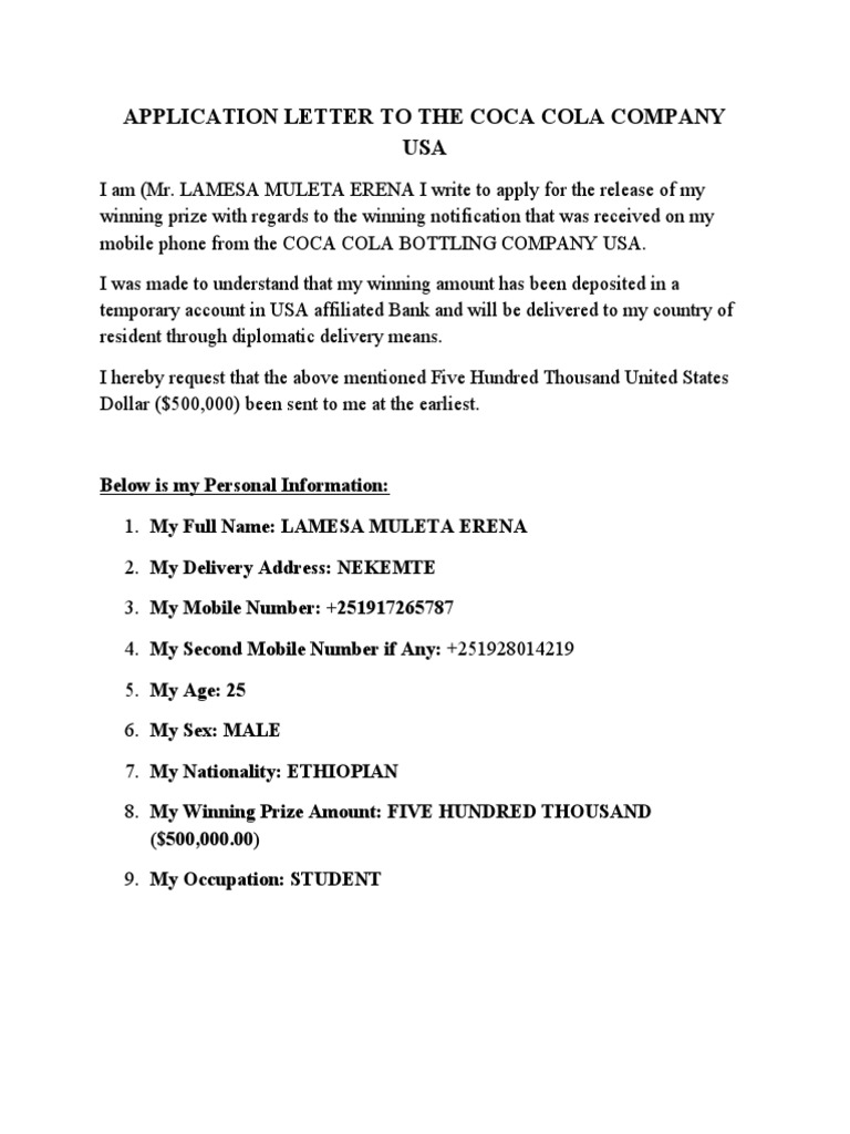 Application Letter To The Coca Cola Company Usa | PDF