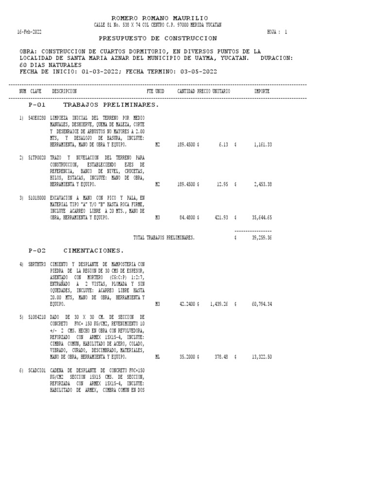 Presupuesto Construcción Cuartos | PDF | Hormigón | Arquitectura