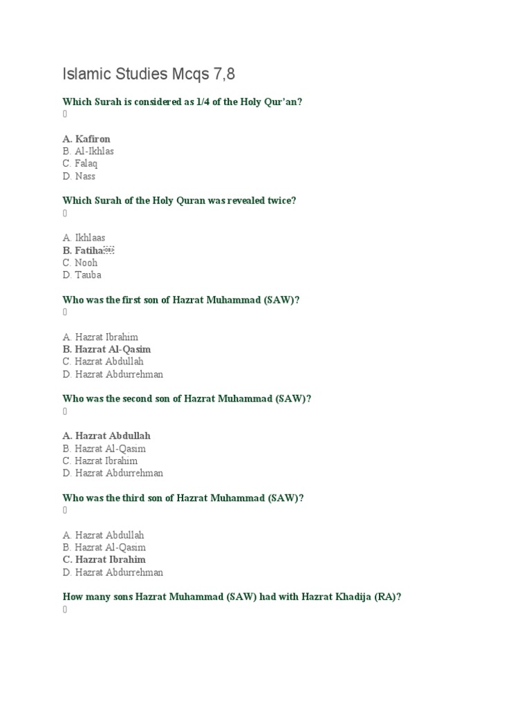 Islamic Studies Mcqs 7,8 | PDF
