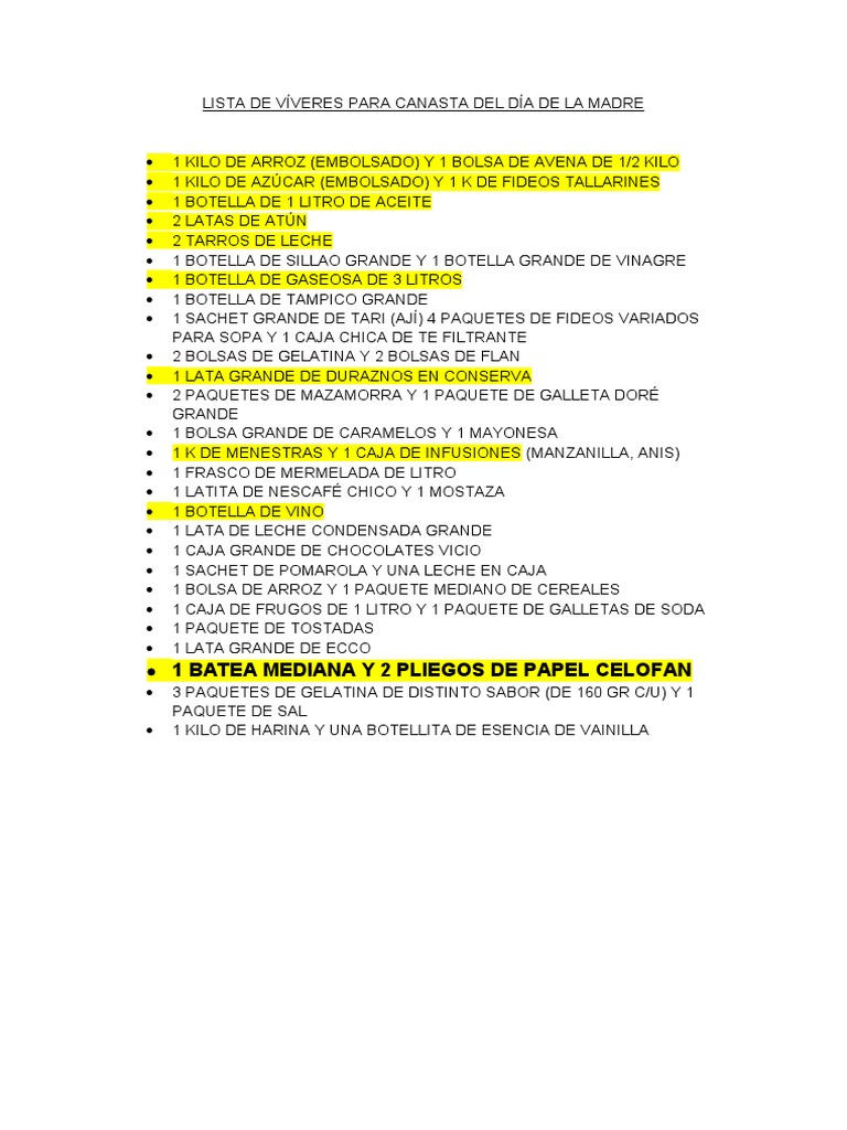 Lista de Víveres para Canasta Del Día de La Madre | PDF