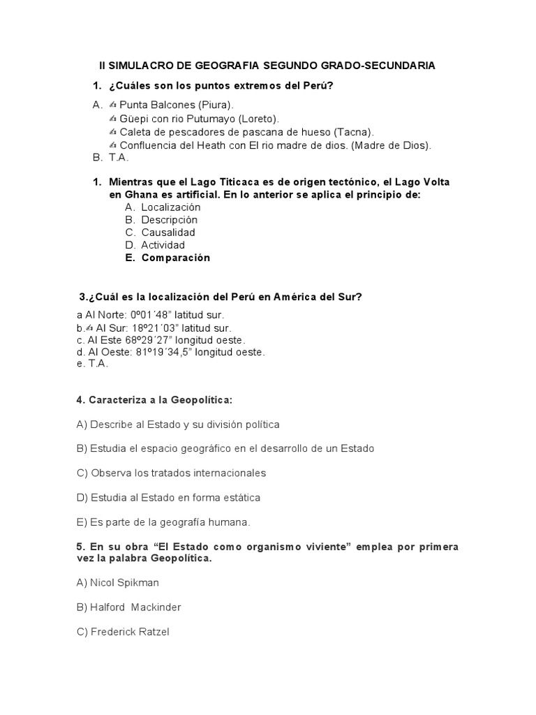 II Simulacro de Geografia Segundo Grado-Secundaria | PDF