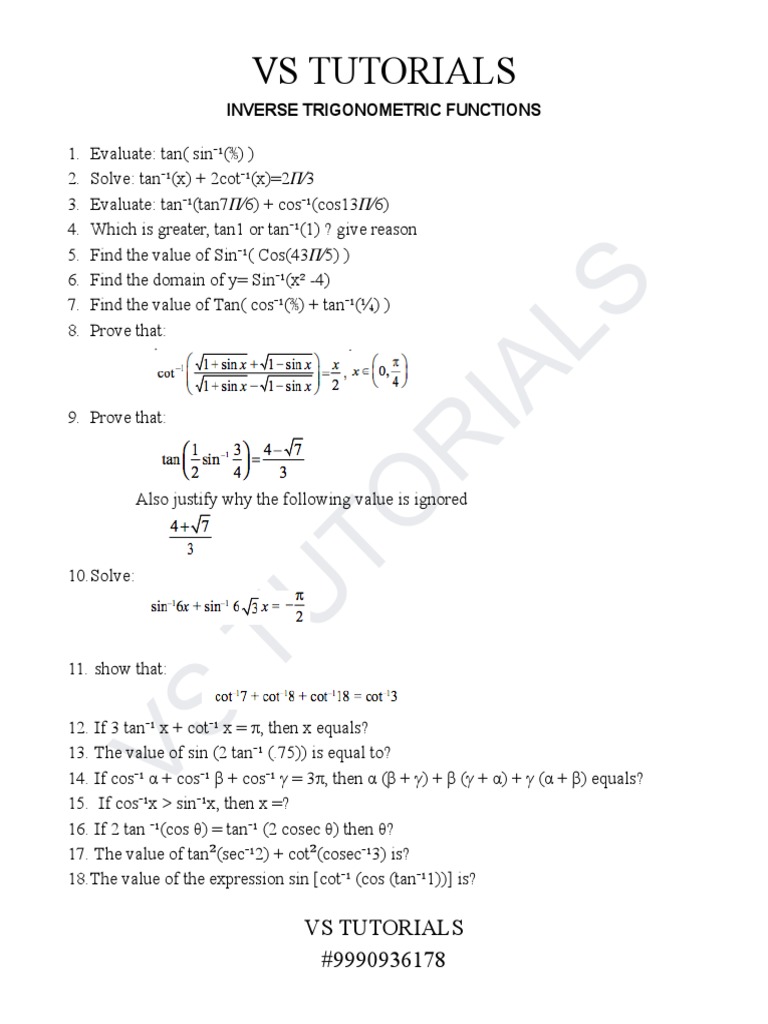 Inverse Trigonometric Functions Exercises | PDF